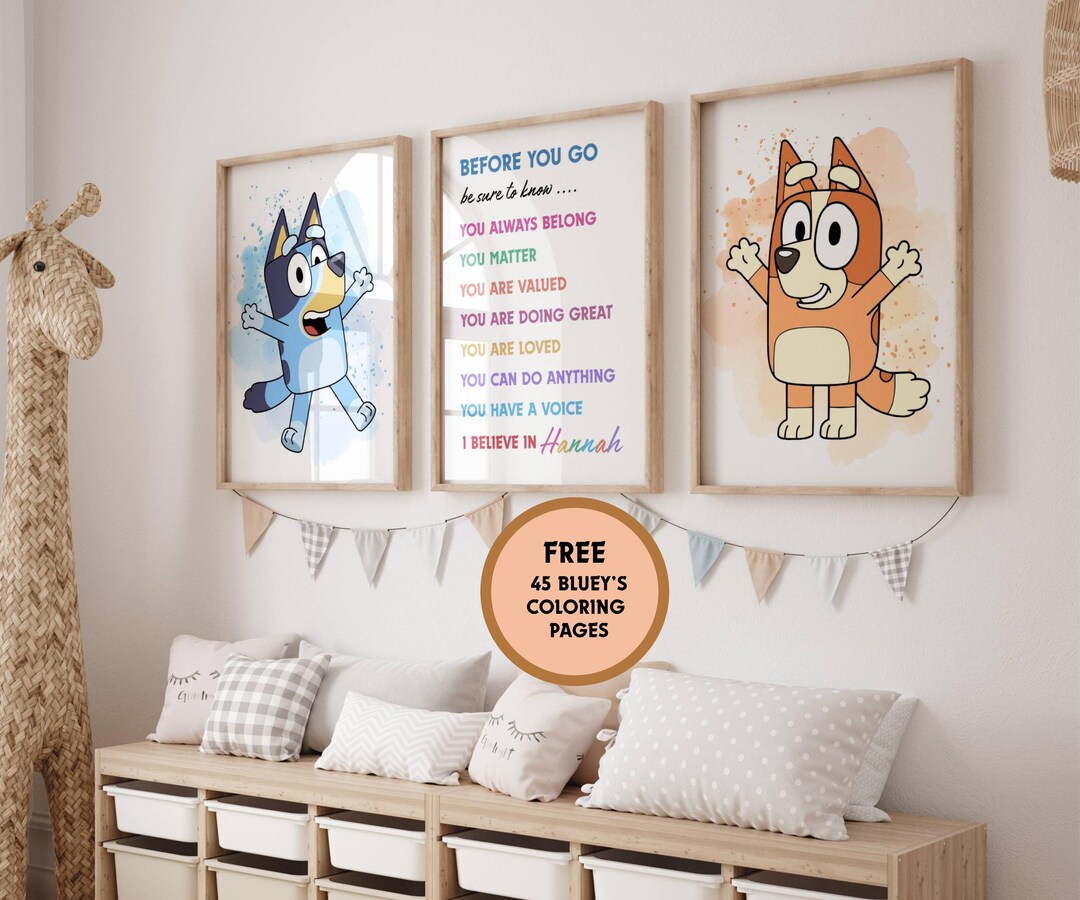 Set of 3 Custom Bluey & Bingo Print, Personalized Bluey Wall Art With ...