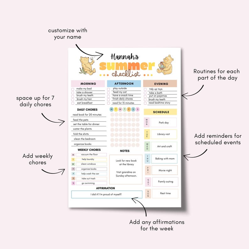 Winnie the Pooh Summer Planner Kids Theme, Summer Printable, Summer ...
