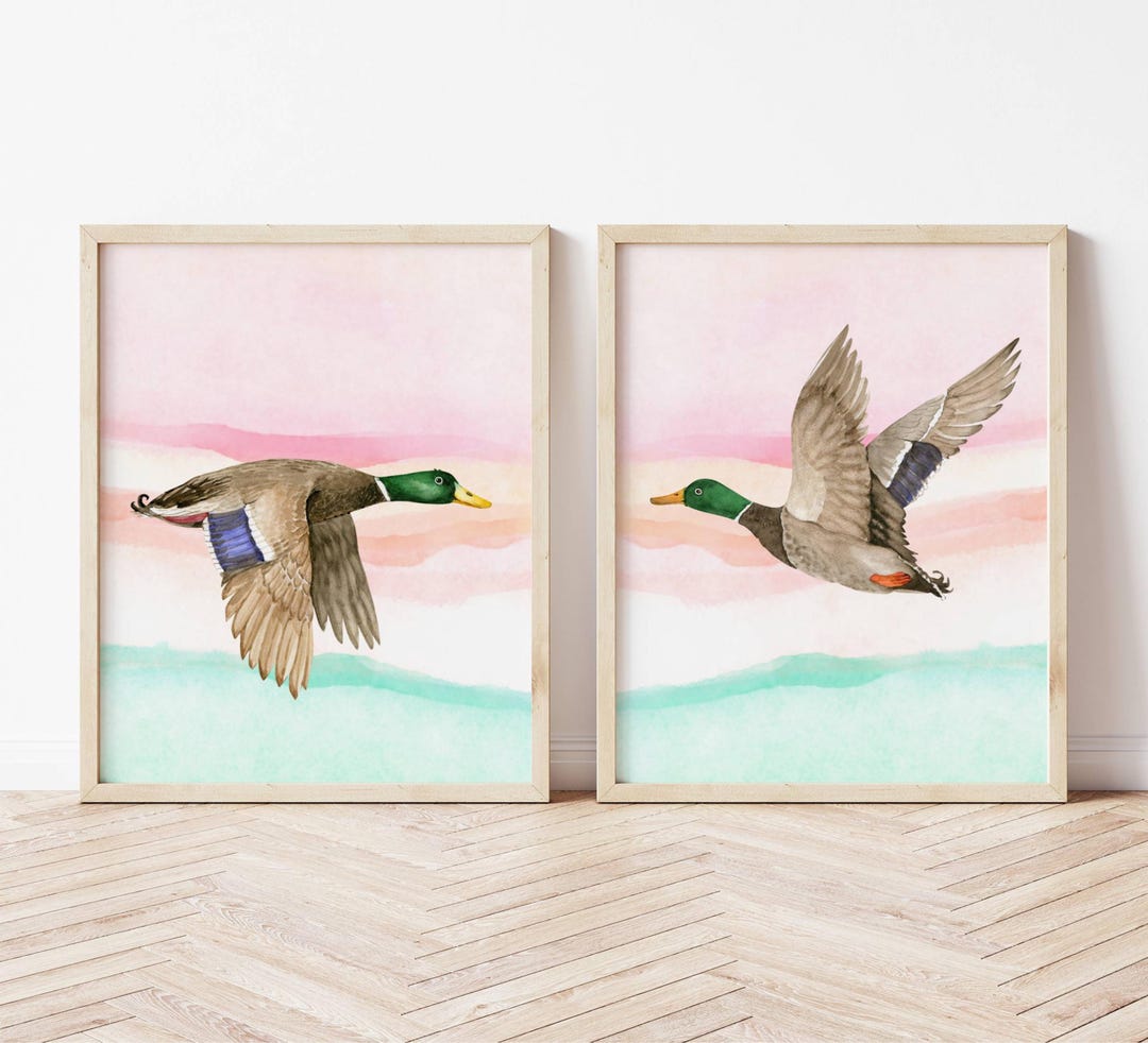 Set of 2 Flying Mallard Ducks Print, Sunset Sky Neutral Nursery Decor ...