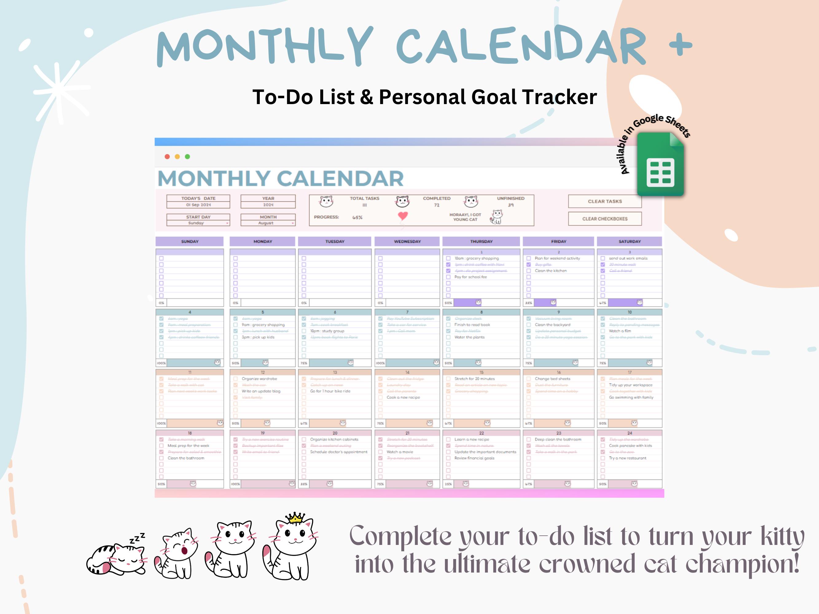 Smart Calendar One Tab Google Sheet, Monthly Planner, Task Tracker, to ...