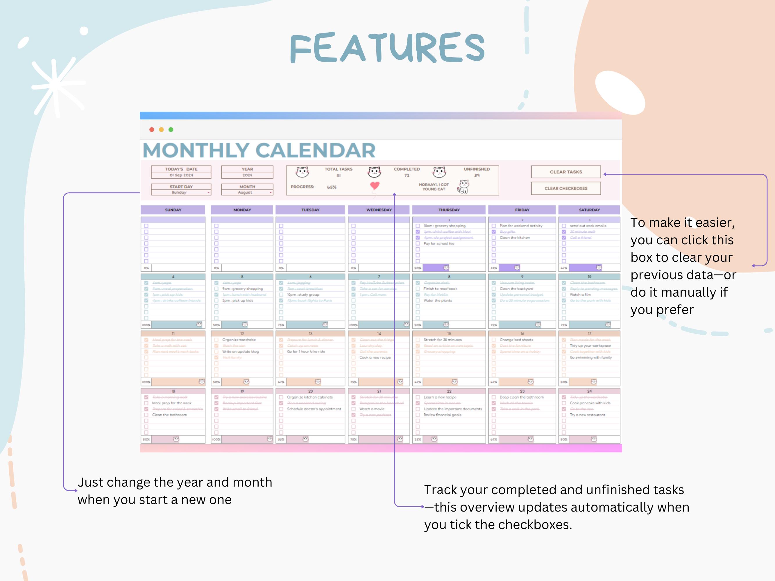 Smart Calendar One Tab Google Sheet, Monthly Planner, Task Tracker, to ...