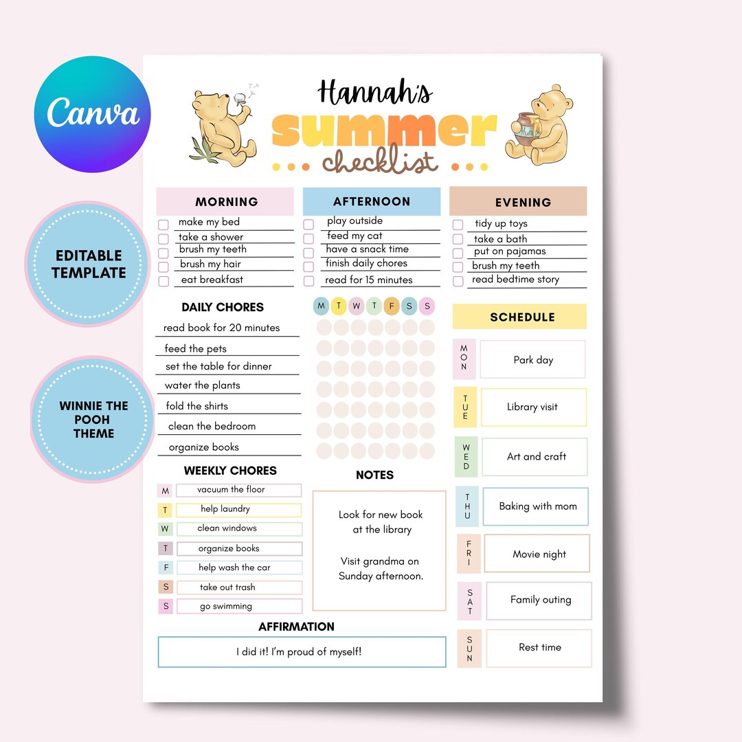 Winnie the Pooh Summer Planner Kids Theme, Summer Printable, Summer ...