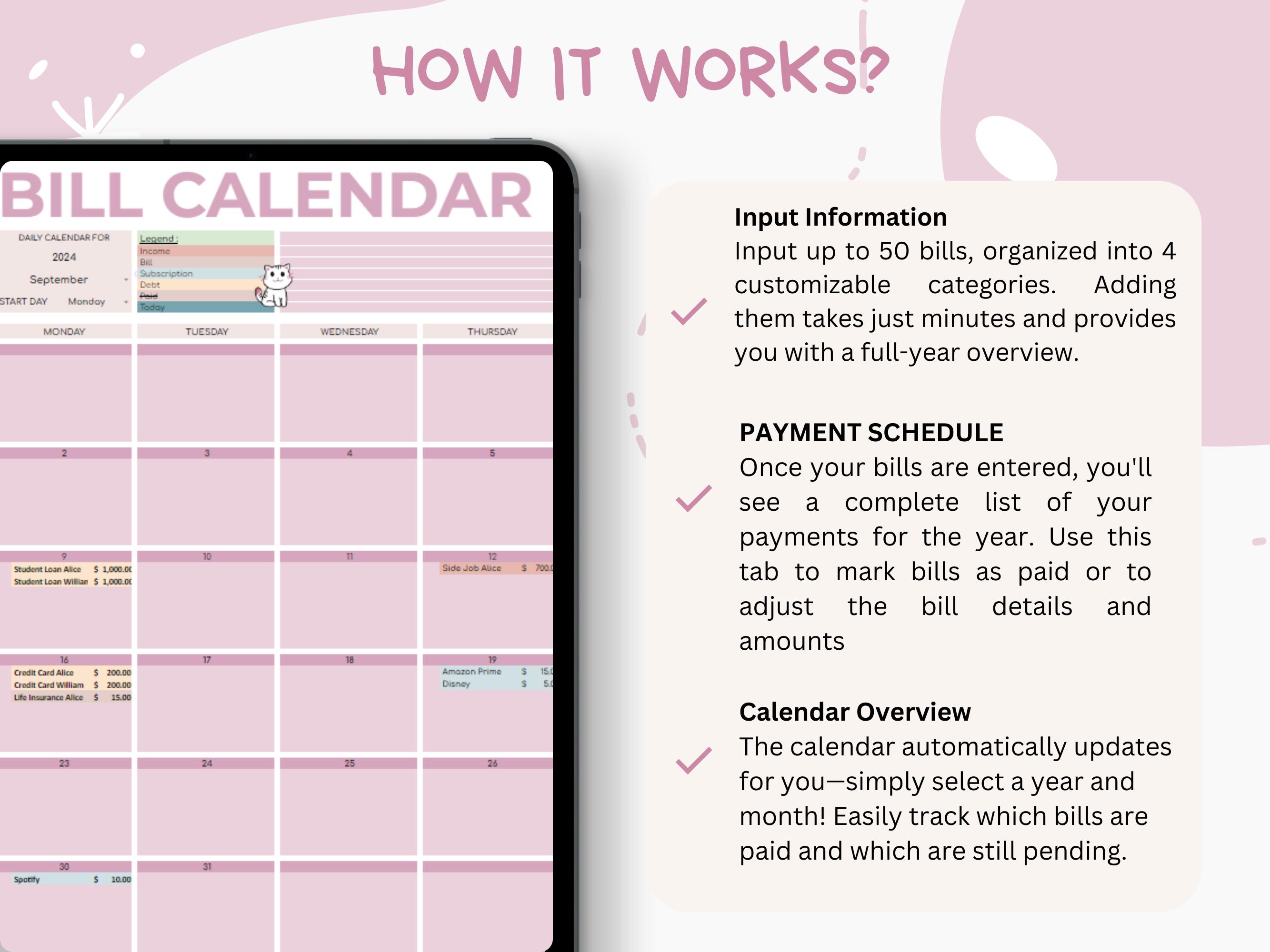 Bill Tracker Spreadsheet, Monthly Bill Calendar, Google Sheet Bill Calendar, Smart Bill Planner ...