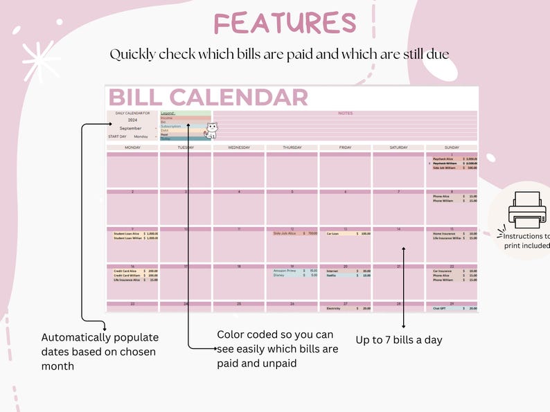 Bill Tracker Spreadsheet, Monthly Bill Calendar, Google Sheet Bill ...