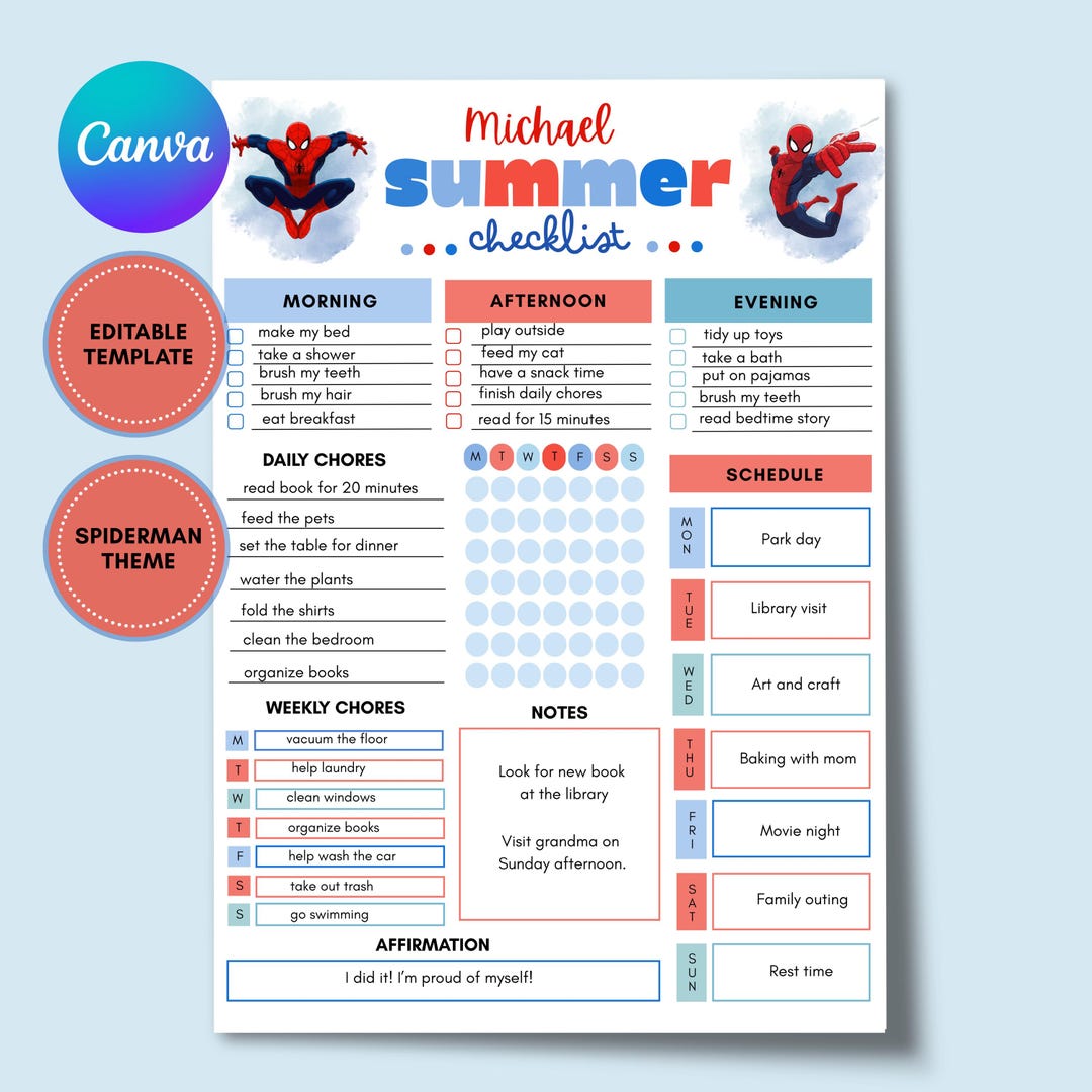 Spiderman Summer Planner Kids Theme, Editable Summer School Planner ...
