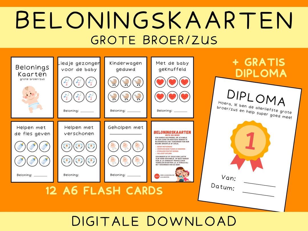 Dutch Big Brother/sister Reward Cards Diploma Flash Cards Montessori ...