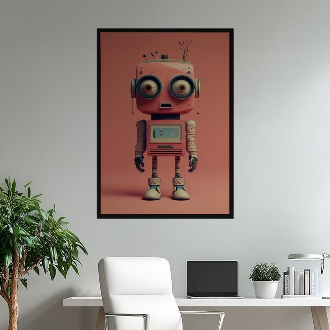 Retro Robot Poster, Whimsical Sci-fi Wall Art, Nostalgic Pink Robot ...