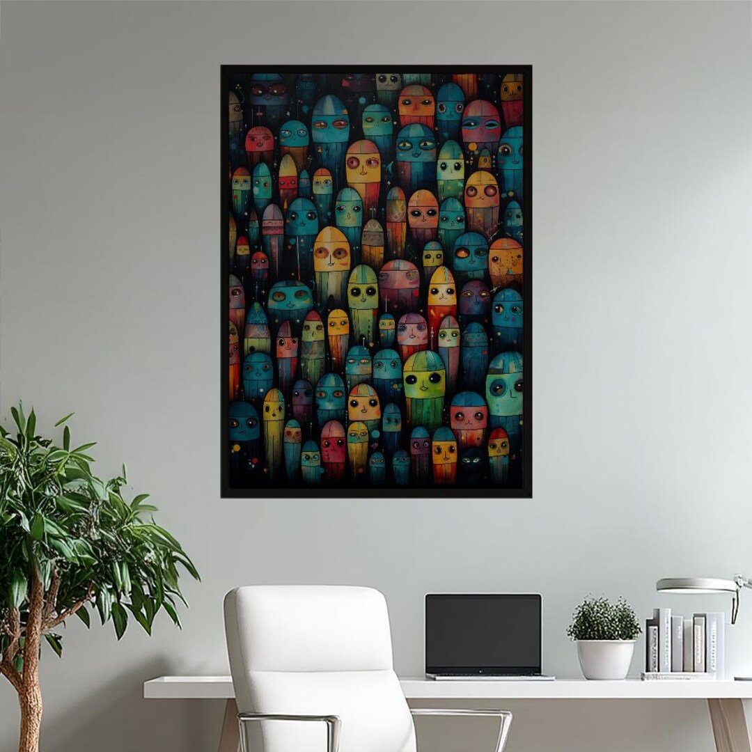 Whimsical Colorful Crowd Matte Poster | Abstract Characters Folk Art ...