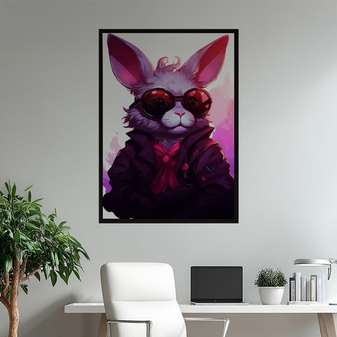 Chic Bunny Poster, Cool Rabbit Wall Art, Edgy Animal Fashion Print ...