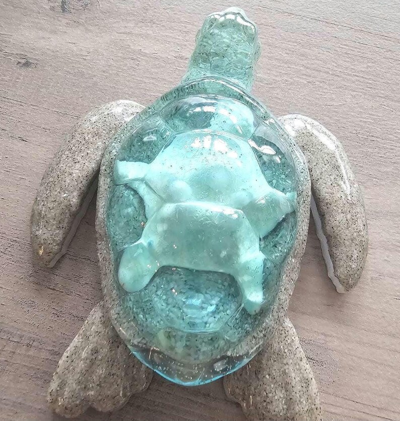 Resin Sea Turtle Figurine With Embedded Sand & Seashell Aqua Green ...