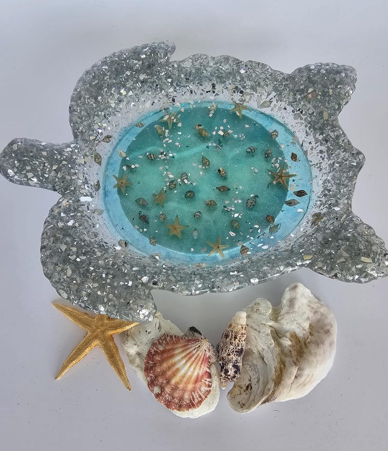 Resin Sea Turtle Bowl Trinket Dish With Embedded Crushed Glass, Aqua ...