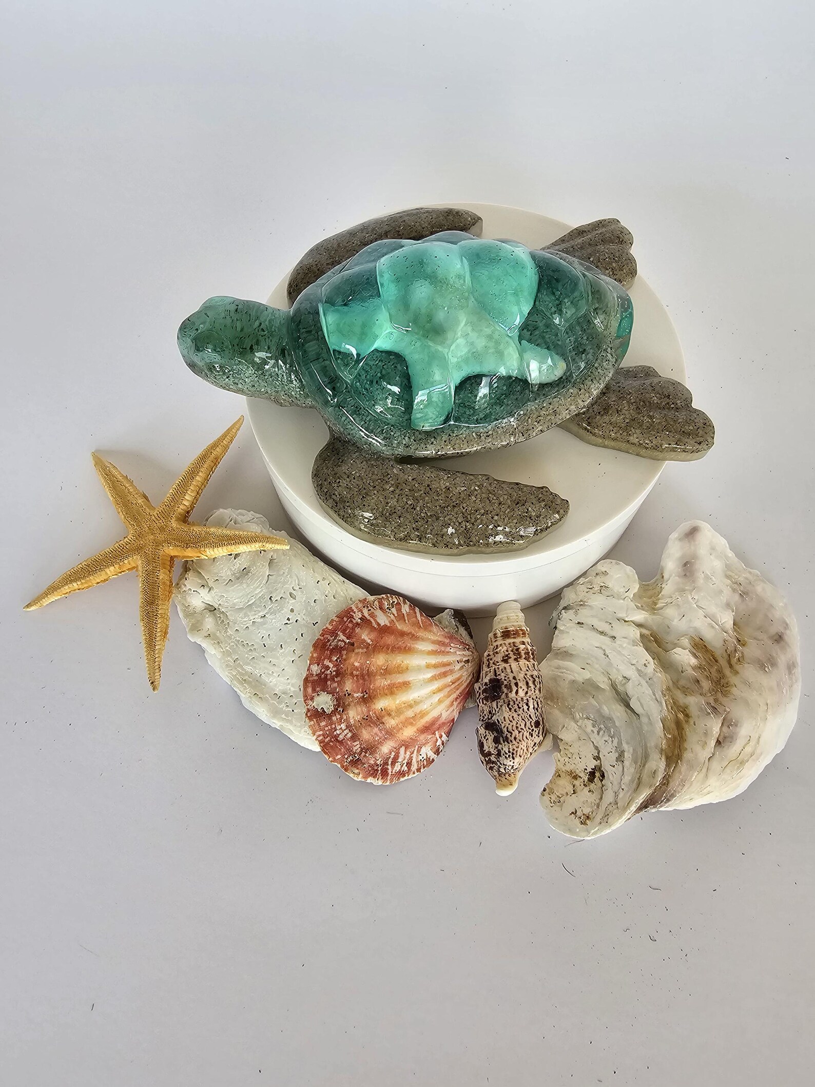 Resin Sea Turtle Figurine With Embedded Sand & Seashell Aqua Green ...