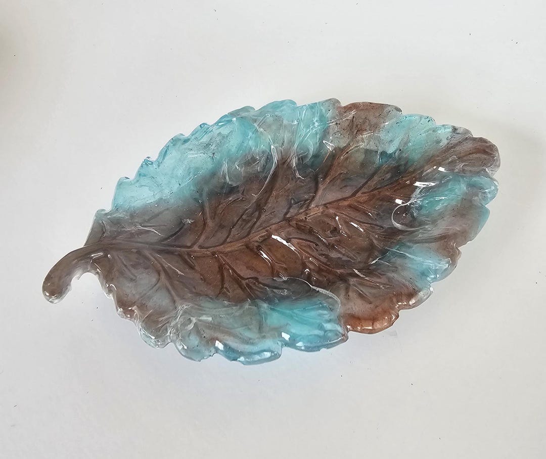 Resin Birch Leaf Trinket Dish: Aqua Blue & Coffee Bronze Coastal Decor ...