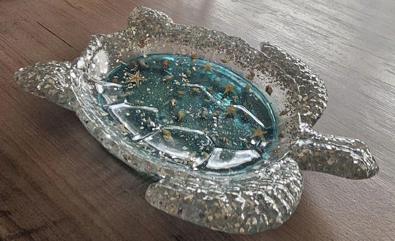 Resin Sea Turtle Bowl Trinket Dish With Embedded Crushed Glass, Aqua ...