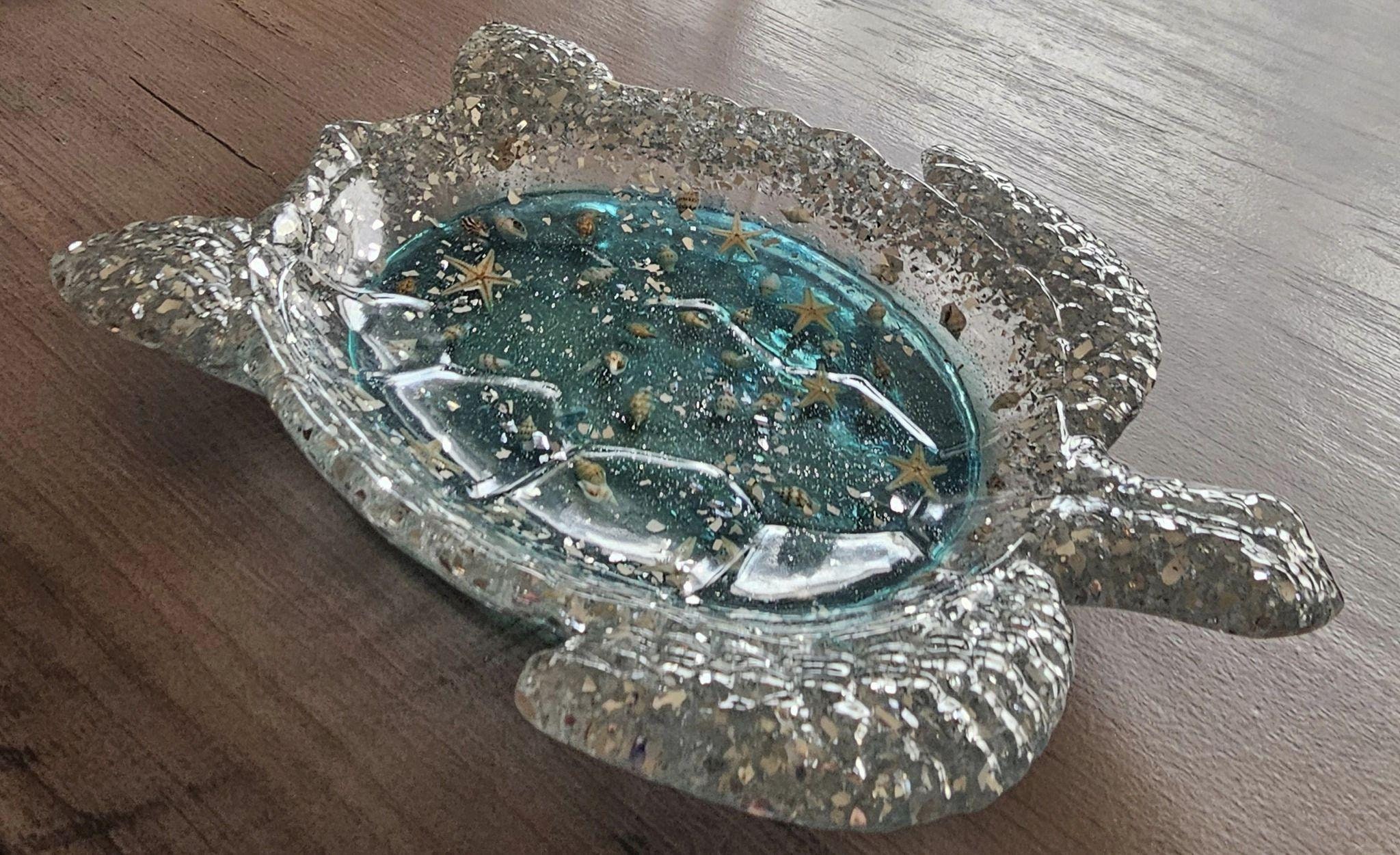 Resin Sea Turtle Bowl Trinket Dish With Embedded Crushed Glass, Aqua ...