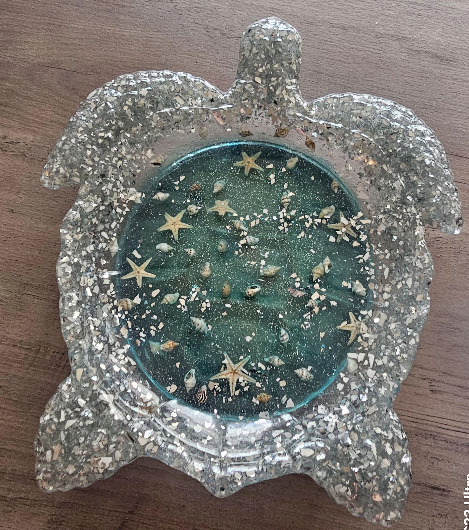 Resin Sea Turtle Bowl Trinket Dish With Embedded Crushed Glass, Aqua ...