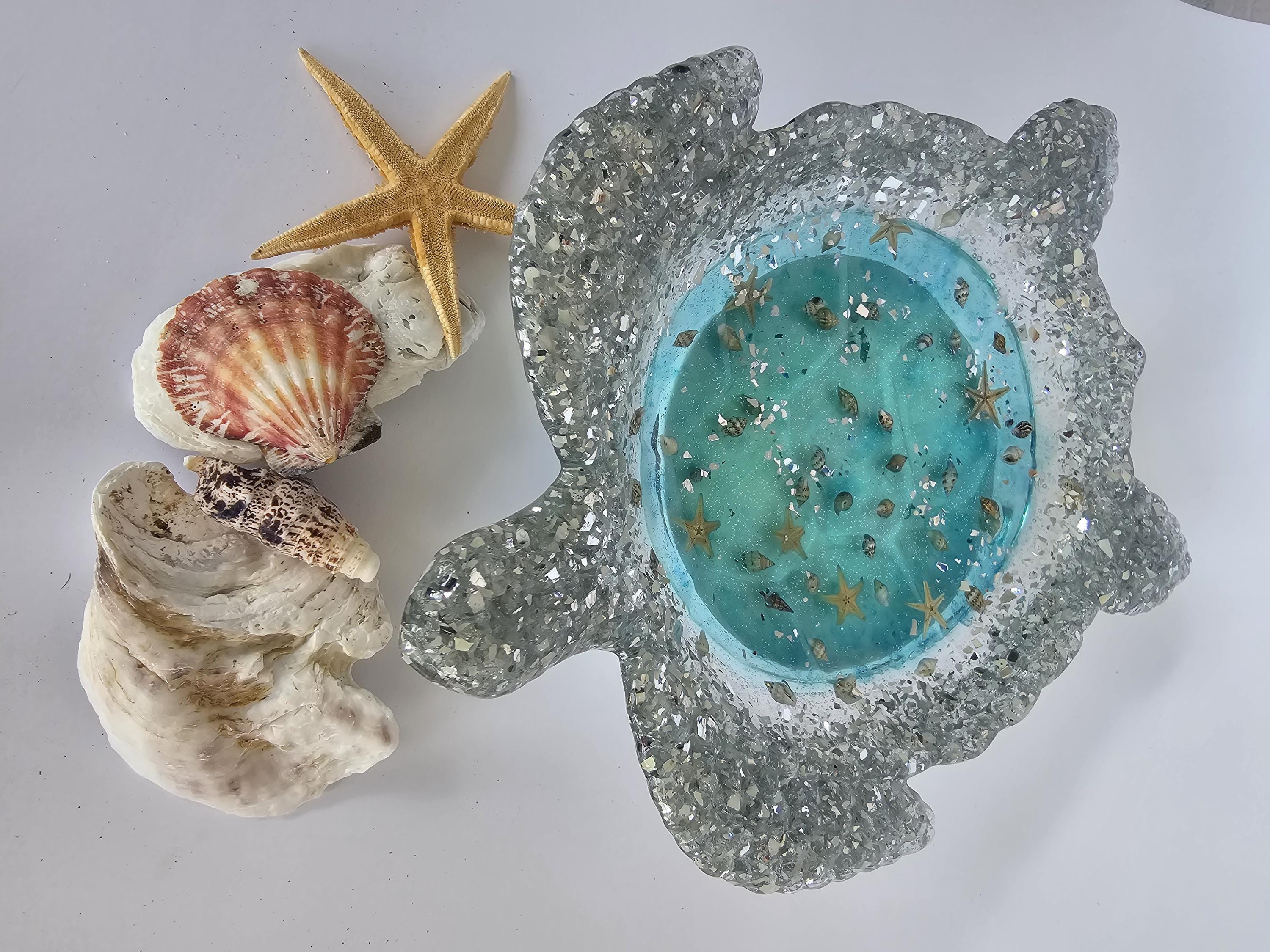 Resin Sea Turtle Bowl Trinket Dish With Embedded Crushed Glass, Aqua ...
