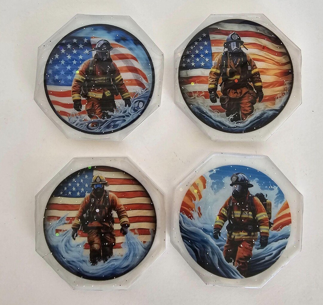 Set of 4 Resin Firefighter American Flag Coasters. Firefighter Gift ...
