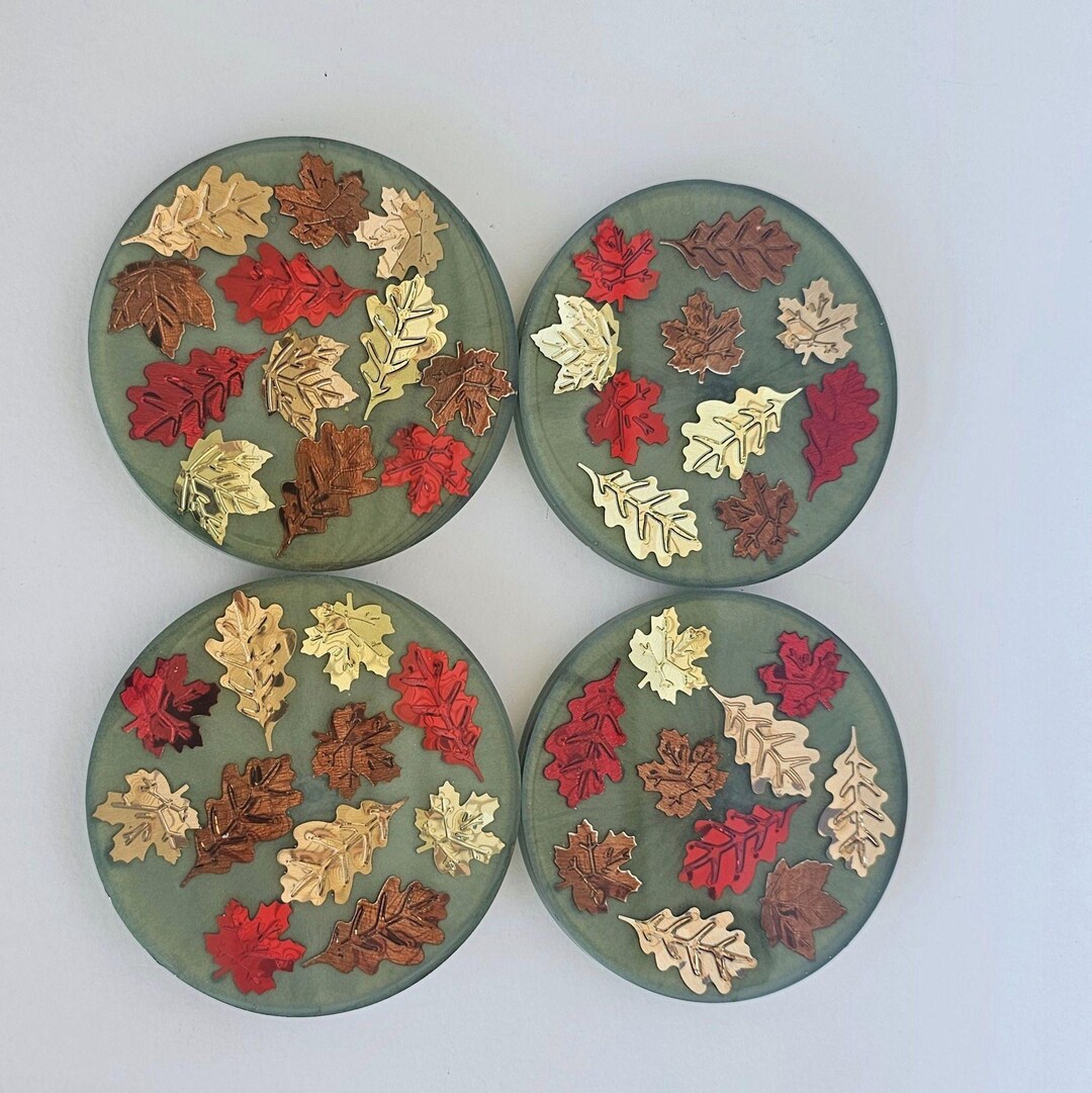 Set of 4 Colorful Resin Fall Leaves Coasters With Moss Green Fall Decor ...