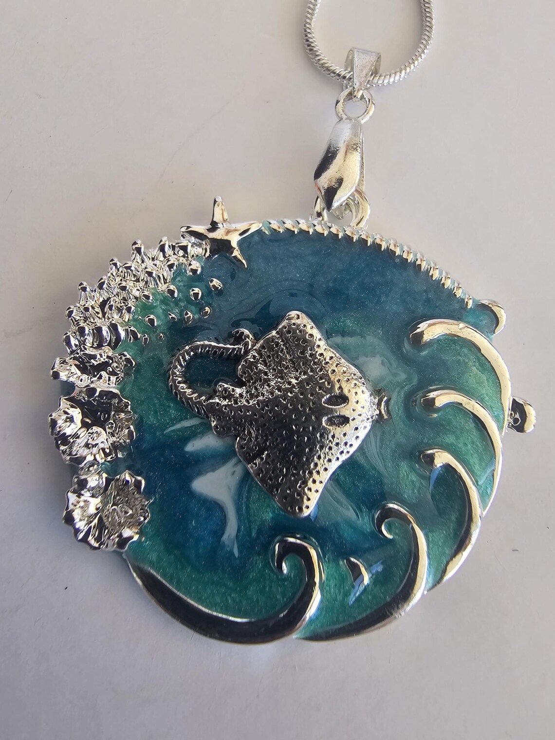 Resin and Silver Stingray Manta Ocean Necklace Pendant With Wave Bezel ...