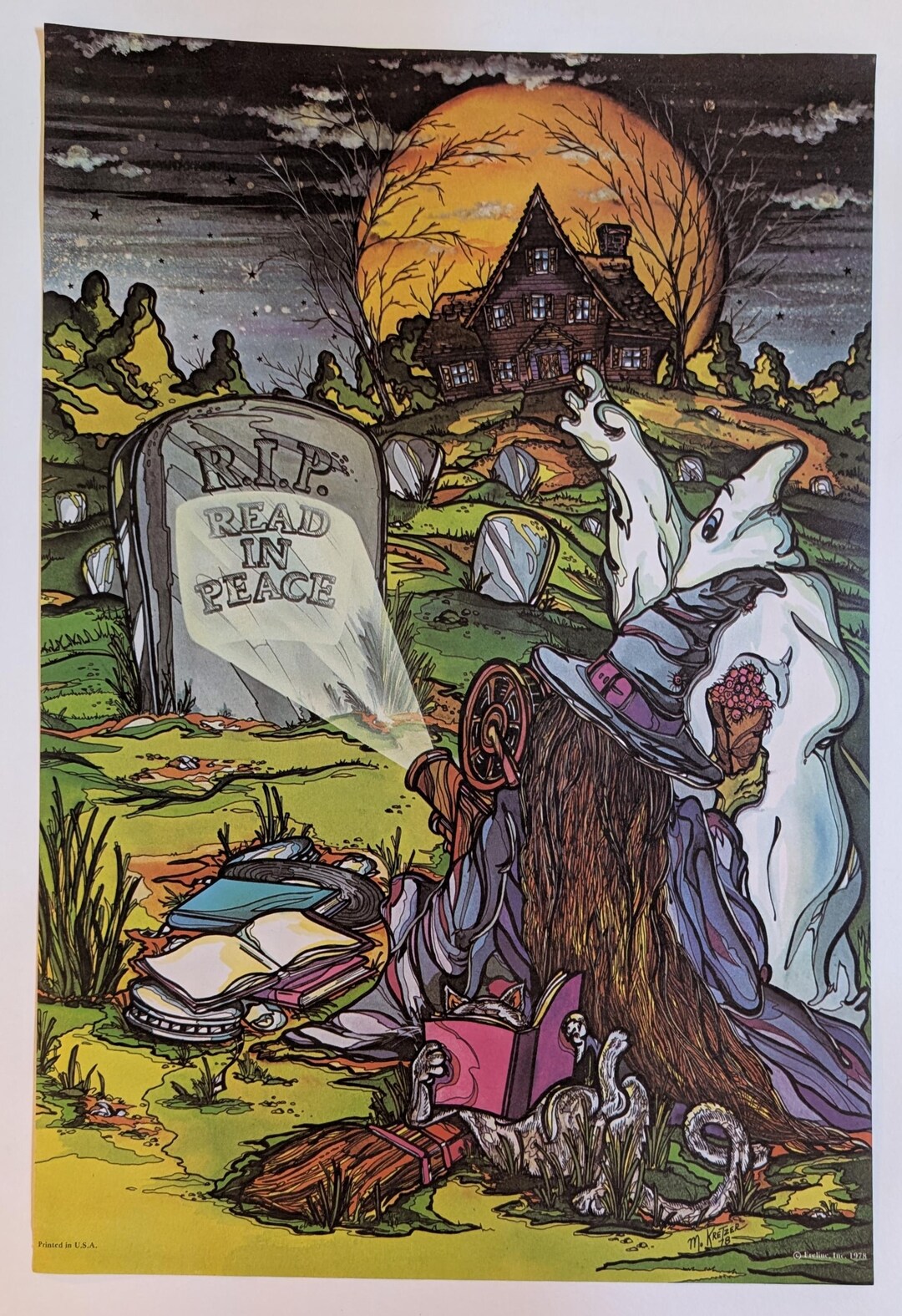 Vintage 1978 Halloween Library Poster: Spooky Witch, Ghost & Black Cat ...