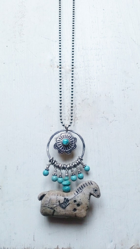 Long 24 Upcycled Turquoise Old Pawn Concho and Faux Ivory Horse Sterling Silver Necklace OOAK Etsy