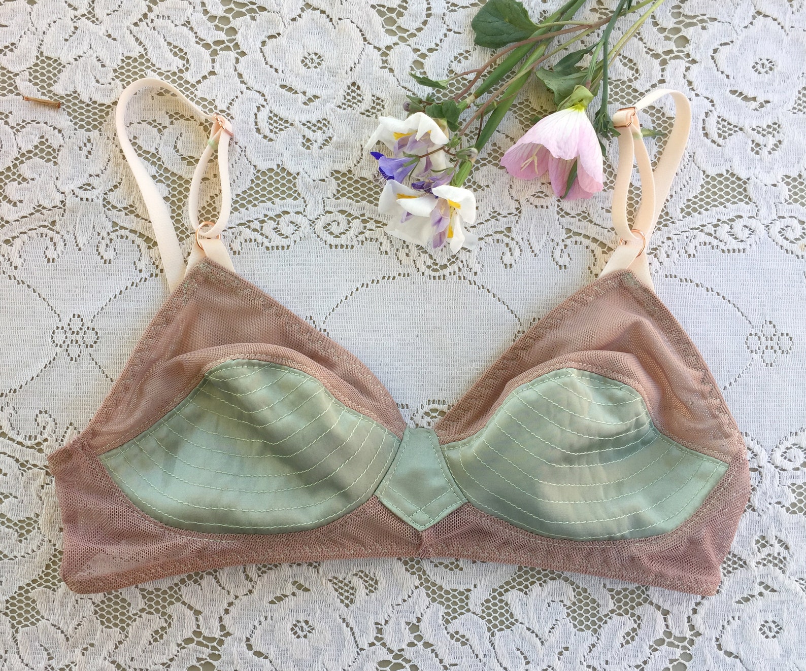 Mint Satin and Sheer Mesh Soft Cup Bullet Bralette Vintage - Etsy