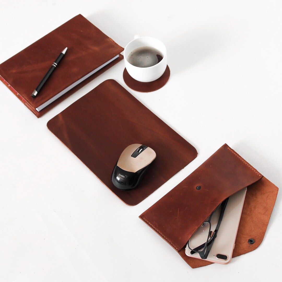 Leather Set of Desk Mat, Leather Desk Organizer, Desktop Decor, Office ...