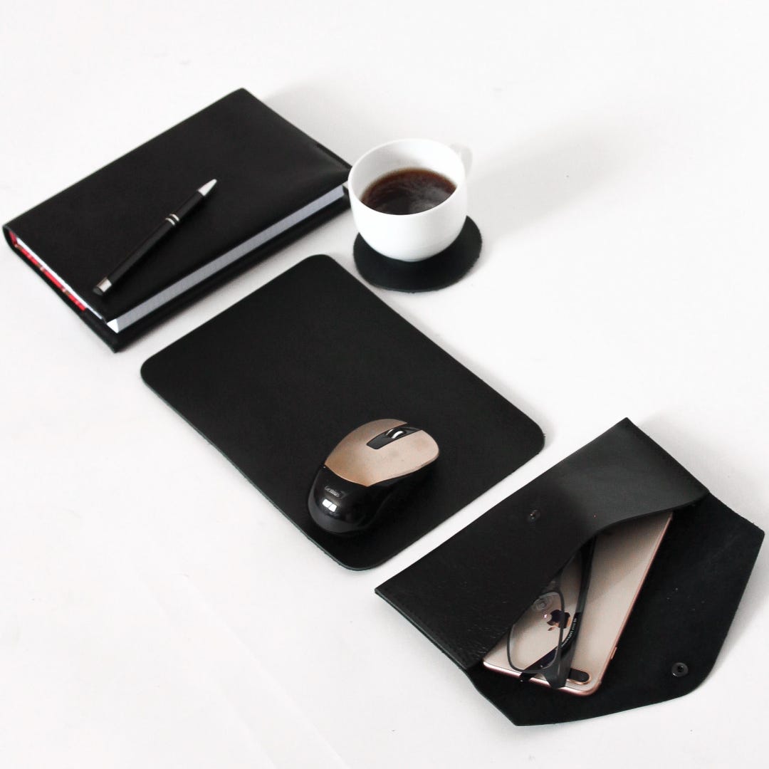 Black Office Table Set, Leather Desk Set, Desk Pad, Office Accessories ...