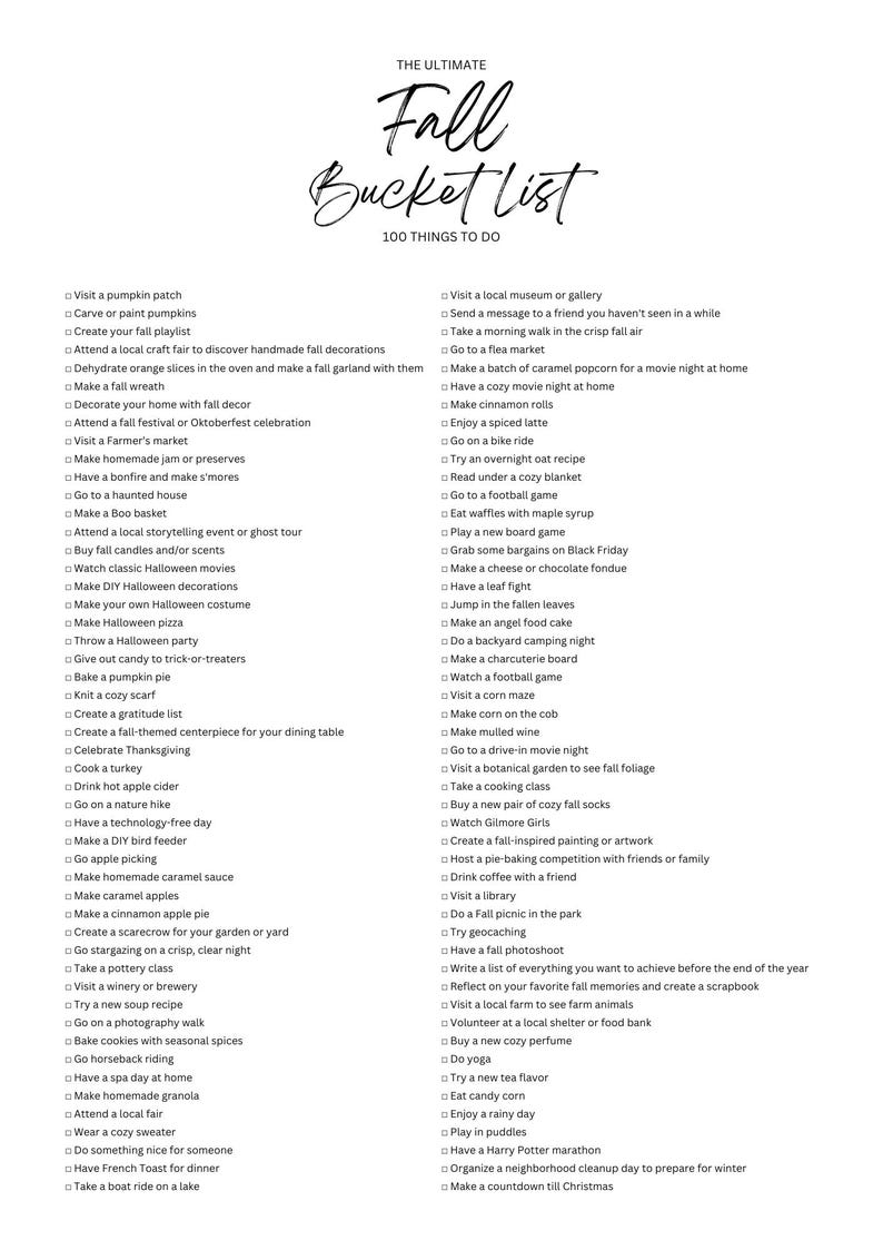 The Ultimate Fall Bucket List Wish List to Do List Printable PDF File ...