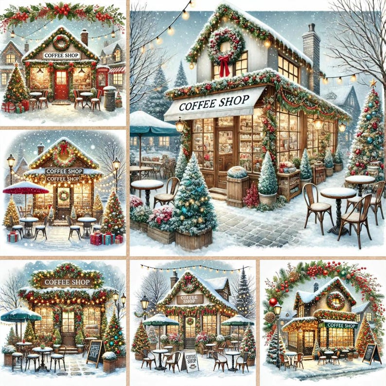 Christmas Coffee Shop Clipart | 14 JPEG Files | Holiday Café Scene With ...