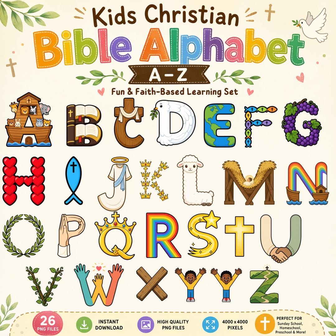 Christian Alphabet Clipart A–Z PNG – Bible ABC Letters for Kids, Sunday ...