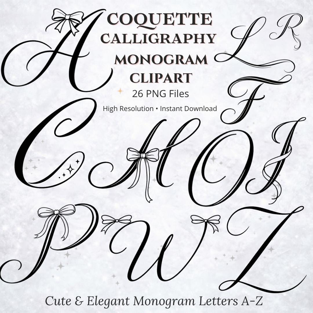 Coquette Calligraphy Alphabet PNG, Feminine Script Letters With Ribbon ...