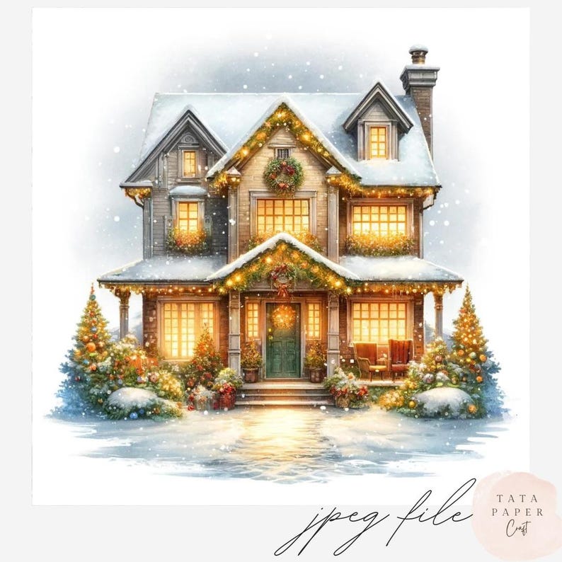 Watercolor Christmas House Clipart Bundle | Snowy Cottage Lights Jpgs ...