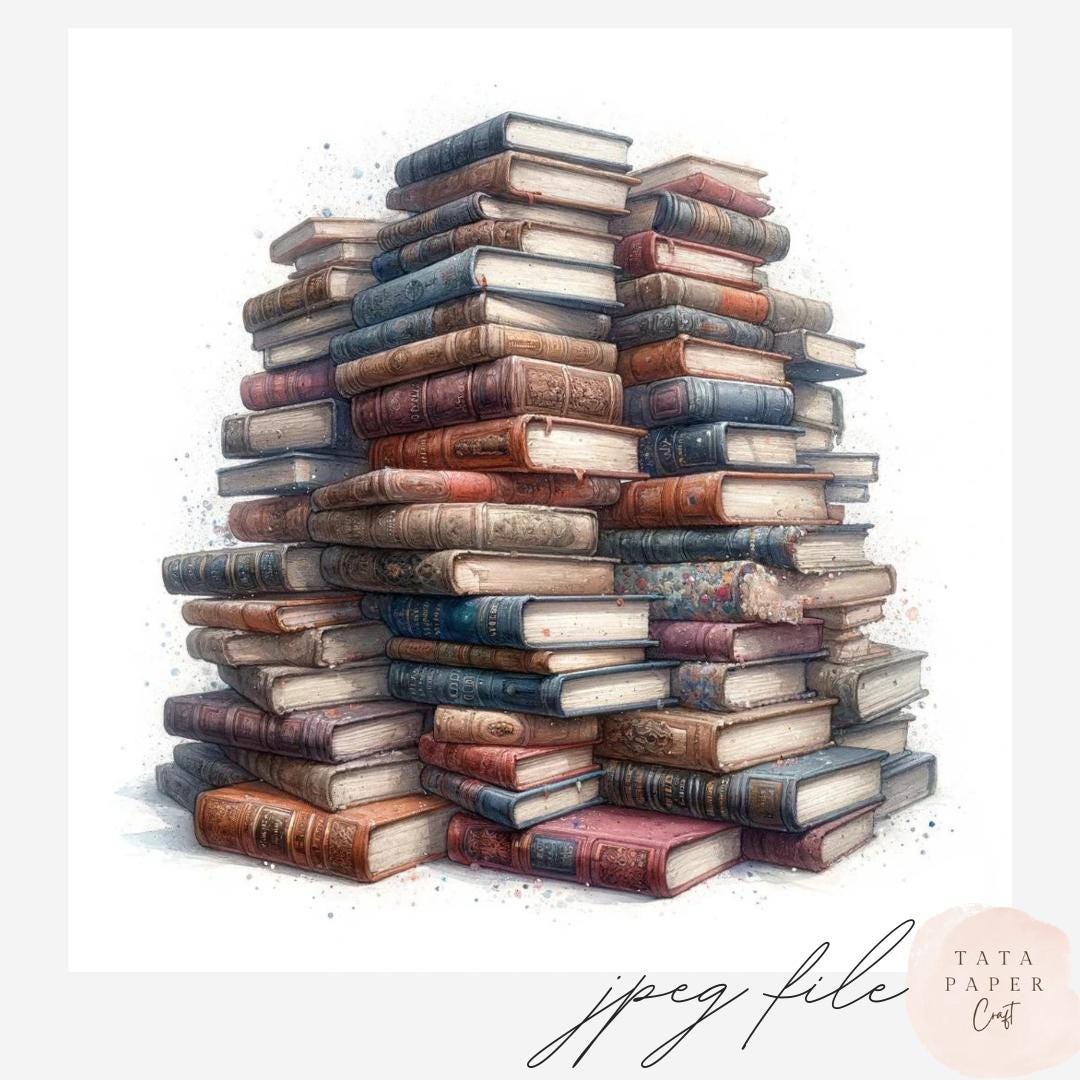 Vintage Stack of Books Clipart | 12 JPEG Files | Watercolor Book Stack ...