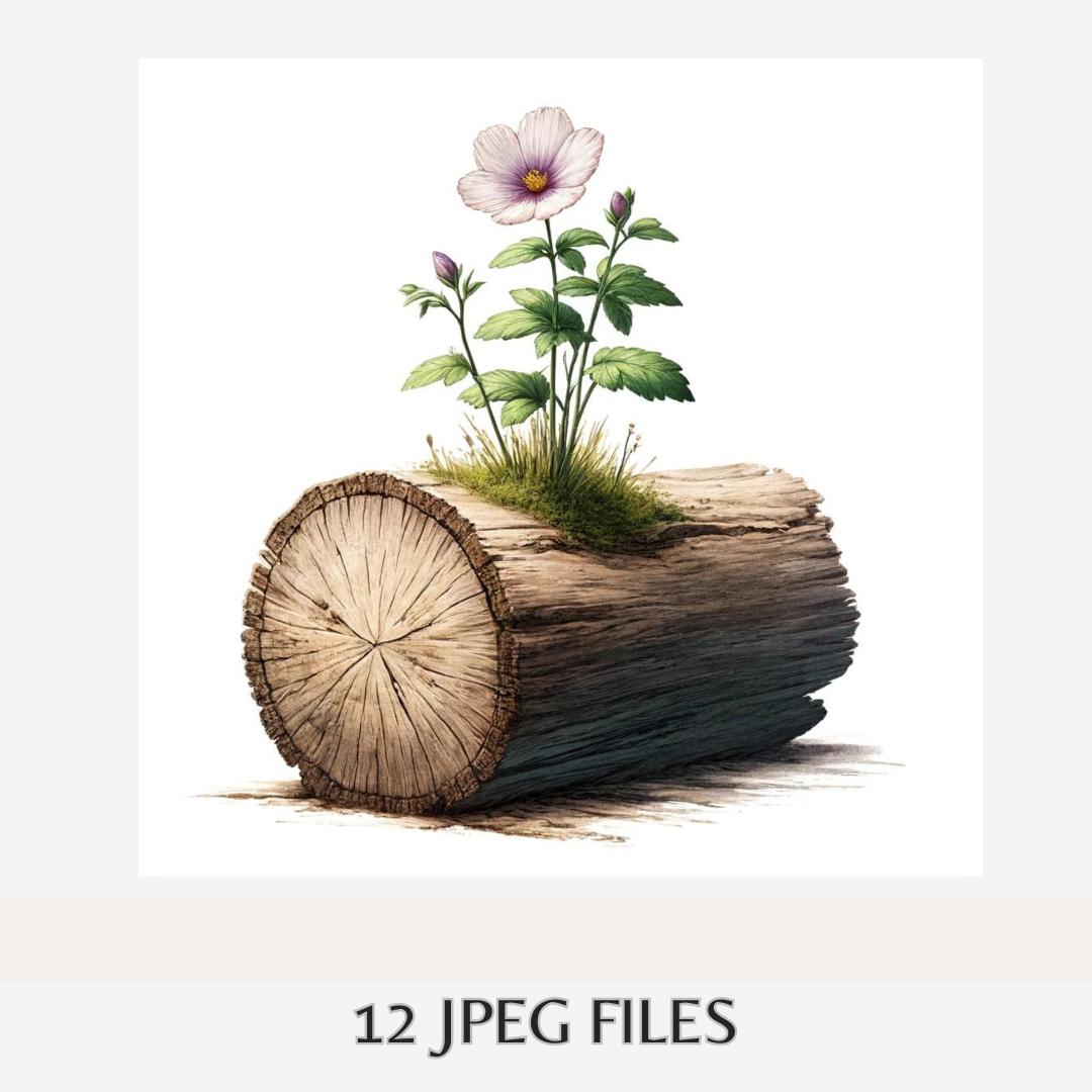 Wildflower in Log Watercolor Clipart | 12 Rustic Flower Wood Slice JPEG ...