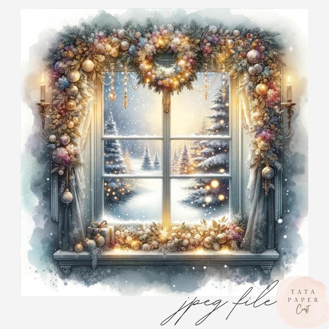 Holiday Window Clipart Set | 12 Snowy Christmas JPEG Illustrations ...