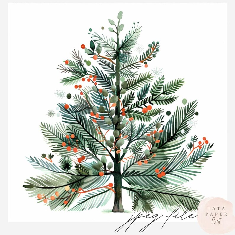 Christmas Tree Illustration Clipart, 9 JPG Files, Holiday Tree Clip Art ...