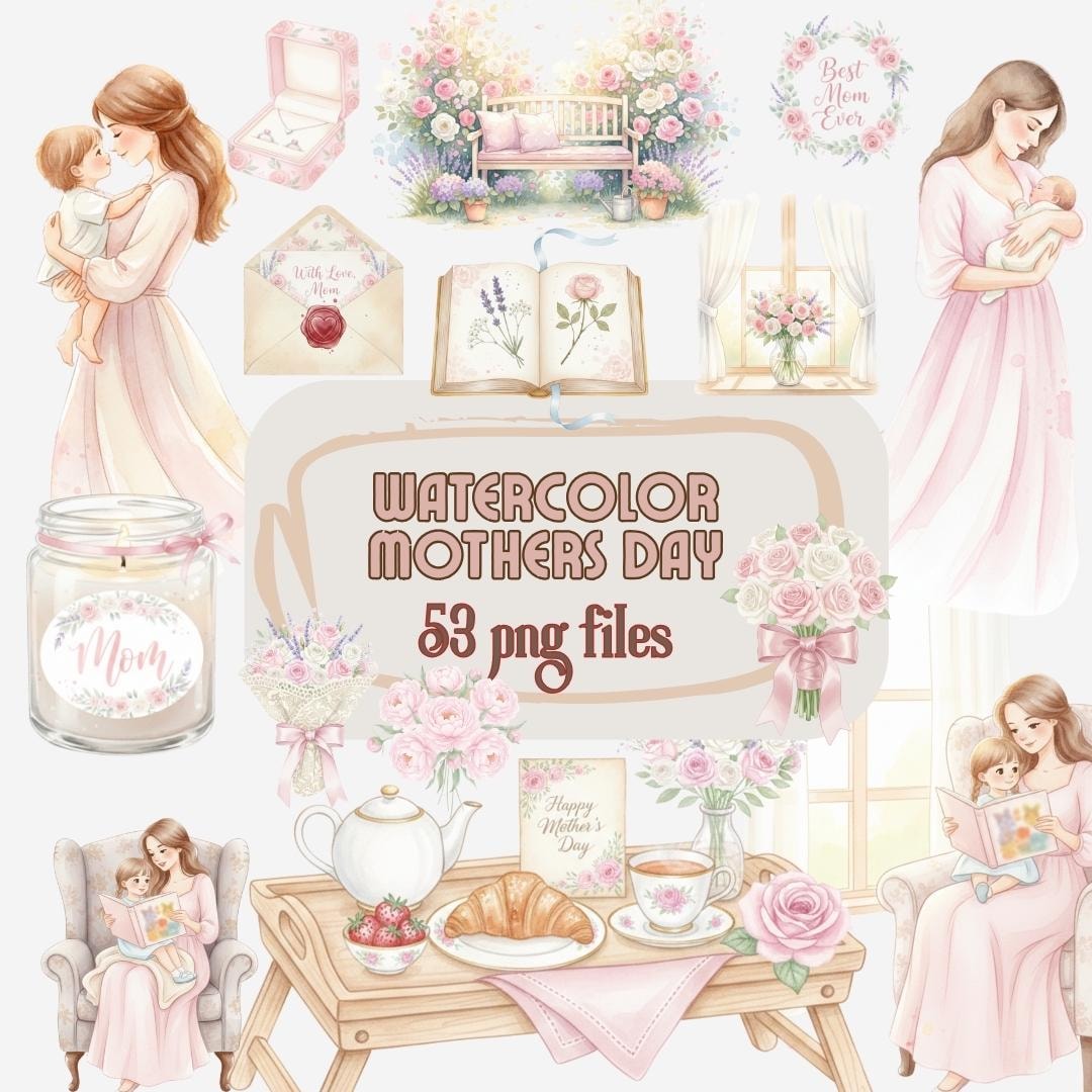 Watercolor Mothers Day Clipart | 53 PNG Ready-to-print Floral Mom ...