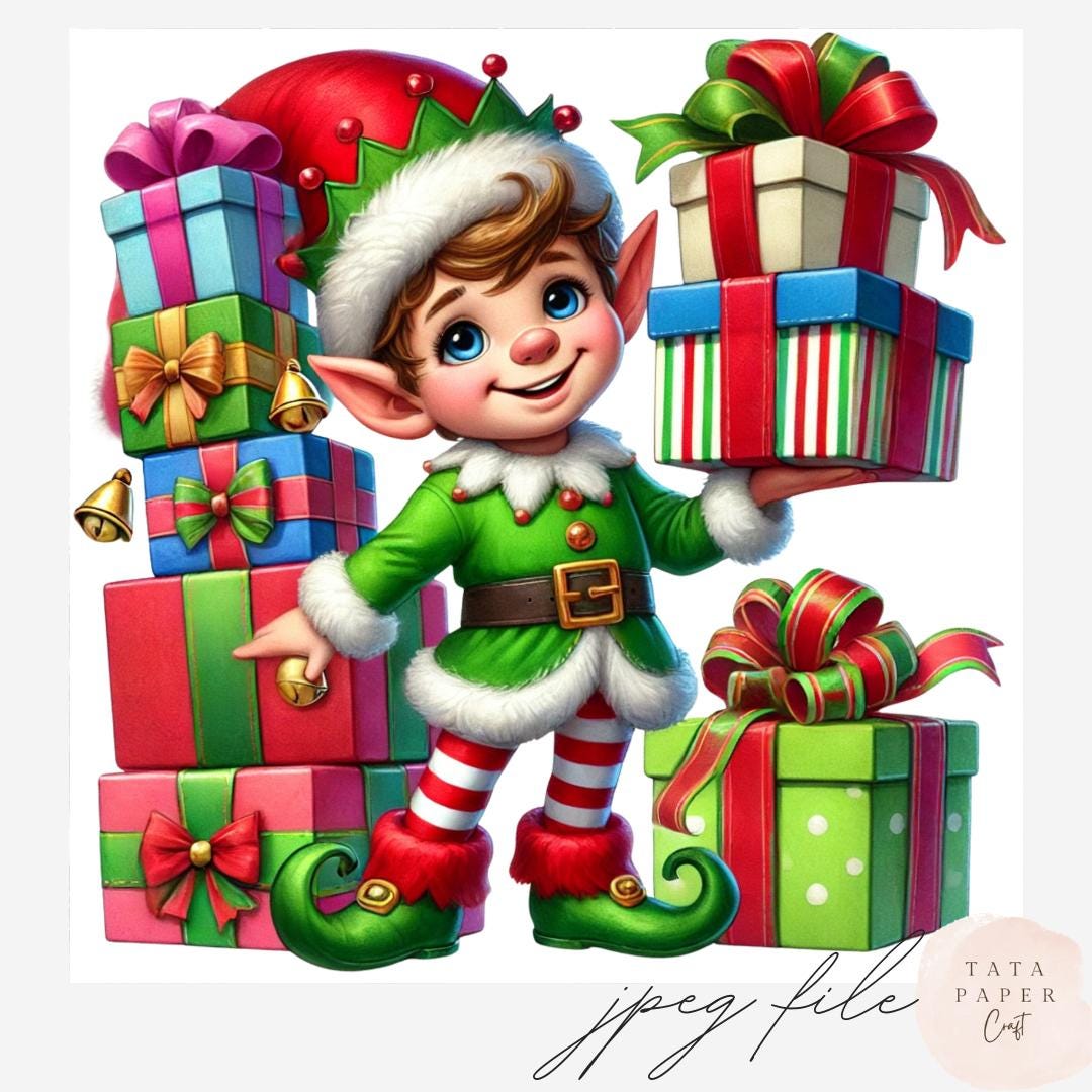 Christmas Elf With Gifts Clipart, 13 JPG Files, Santa's Helper Clip Art ...