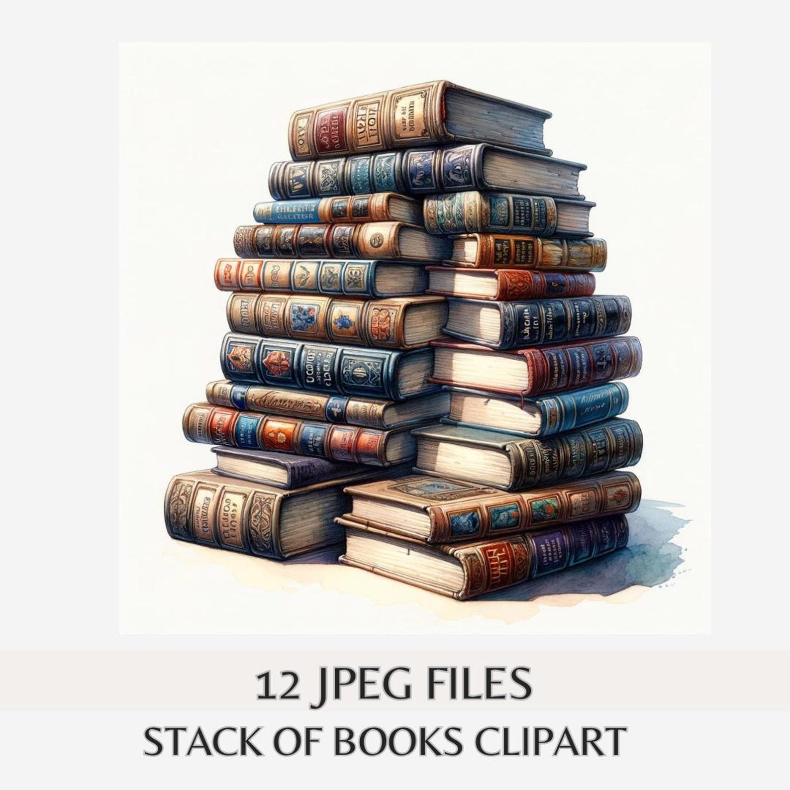 Vintage Stack of Books Clipart | 12 JPEG Files | Watercolor Book Stack ...