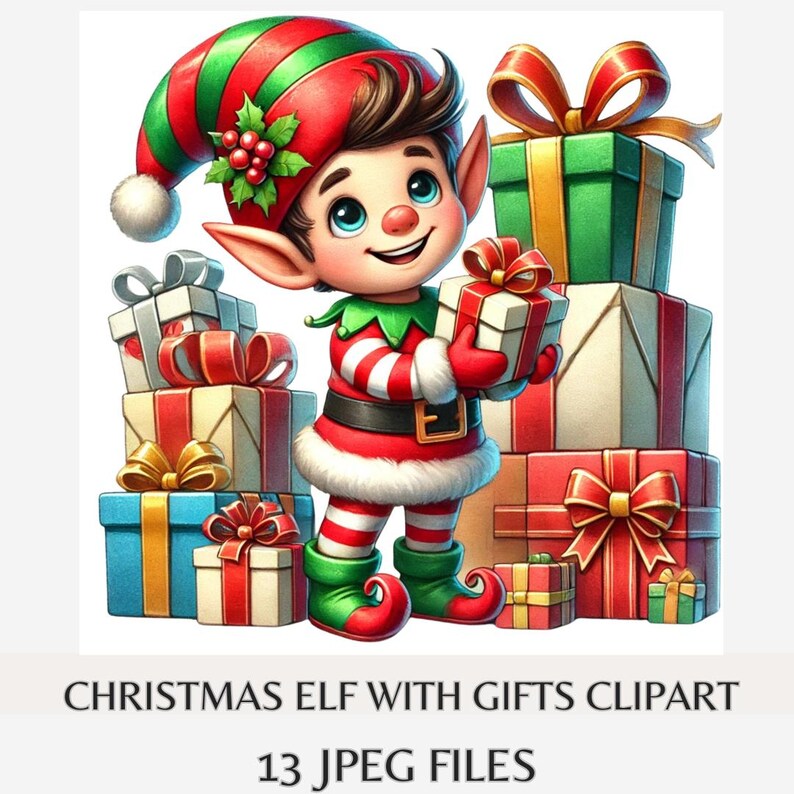 Christmas Elf With Gifts Clipart, 13 JPG Files, Santa's Helper Clip Art ...