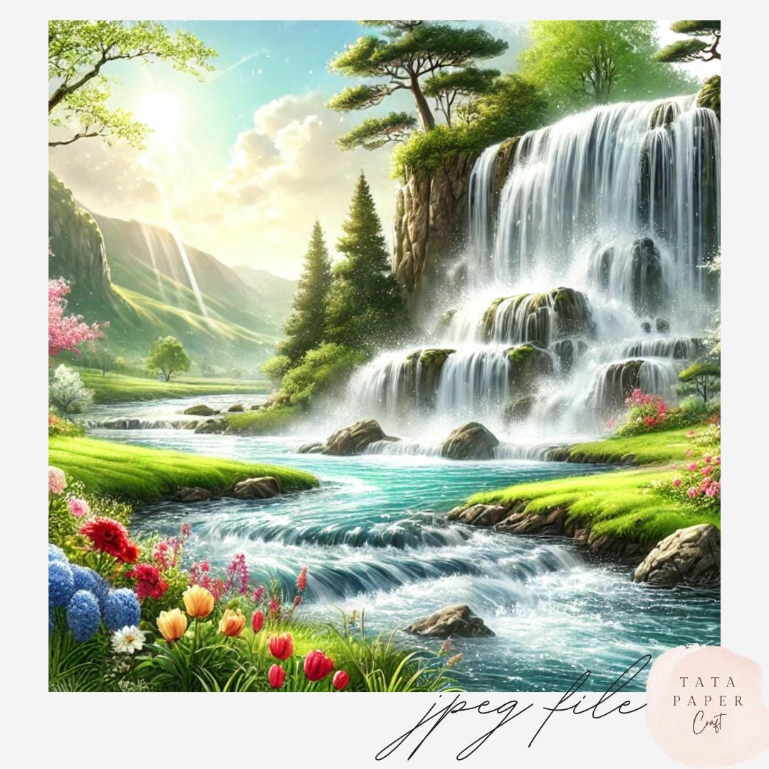 Spring Waterfall Scene Clipart | 14 JPEG Landscape Files | Nature Junk ...