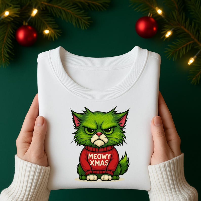 Meowy Xmas Grumpy Cat PNG | Funny Christmas Sublimation Design | Green ...