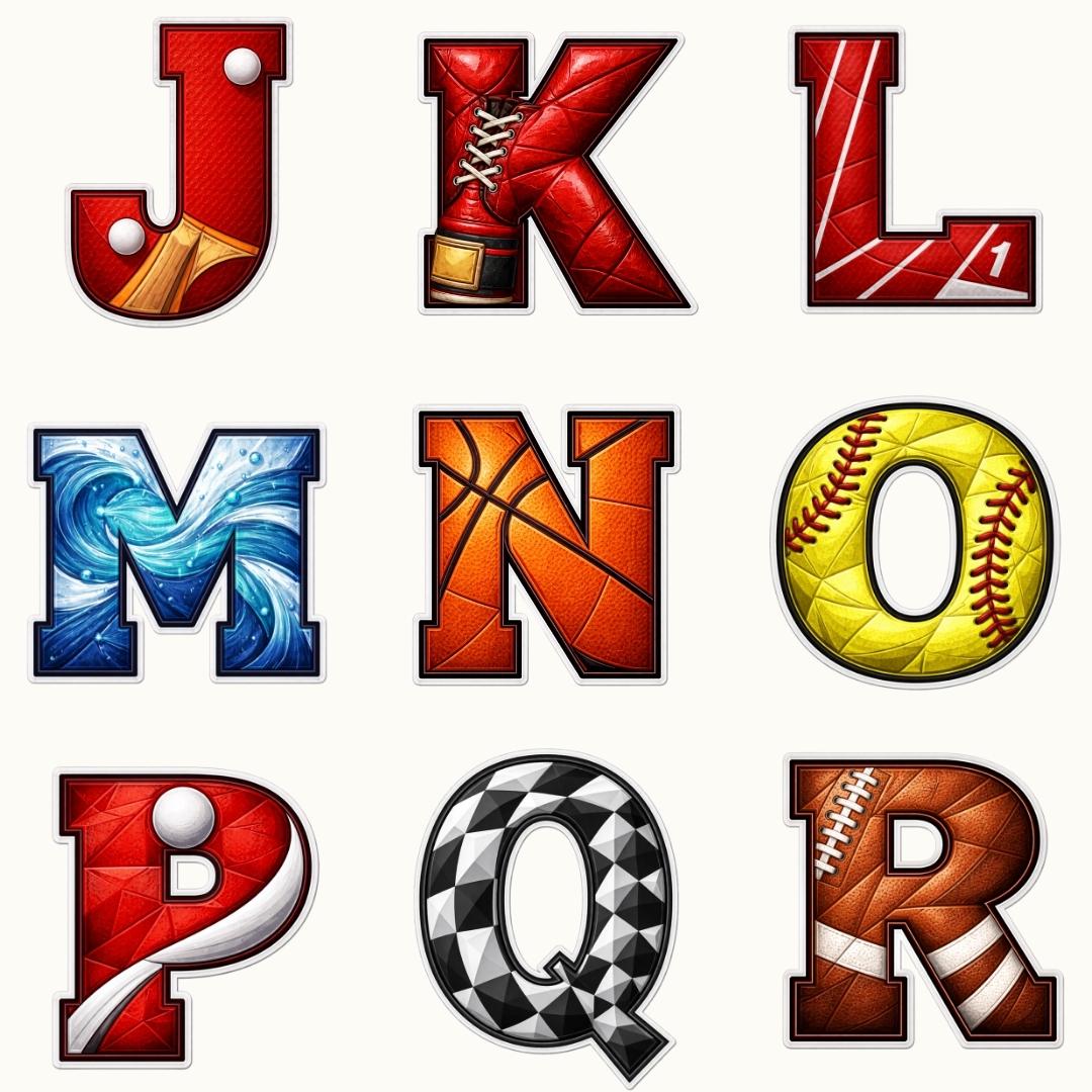 Sports Alphabet Clipart PNG Bundle, Athletic Letters A-Z, Sports Font ...
