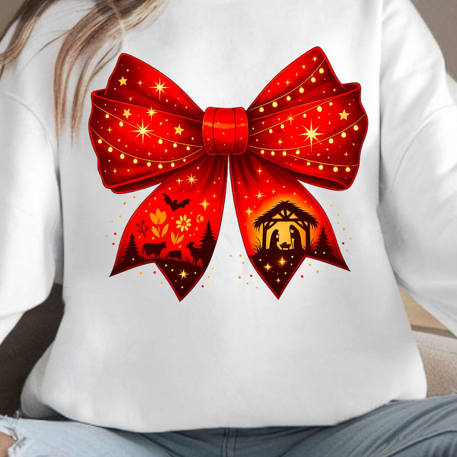 Christmas Nativity Bow PNG, Red Starry Ribbon Clipart With Holy Scene ...