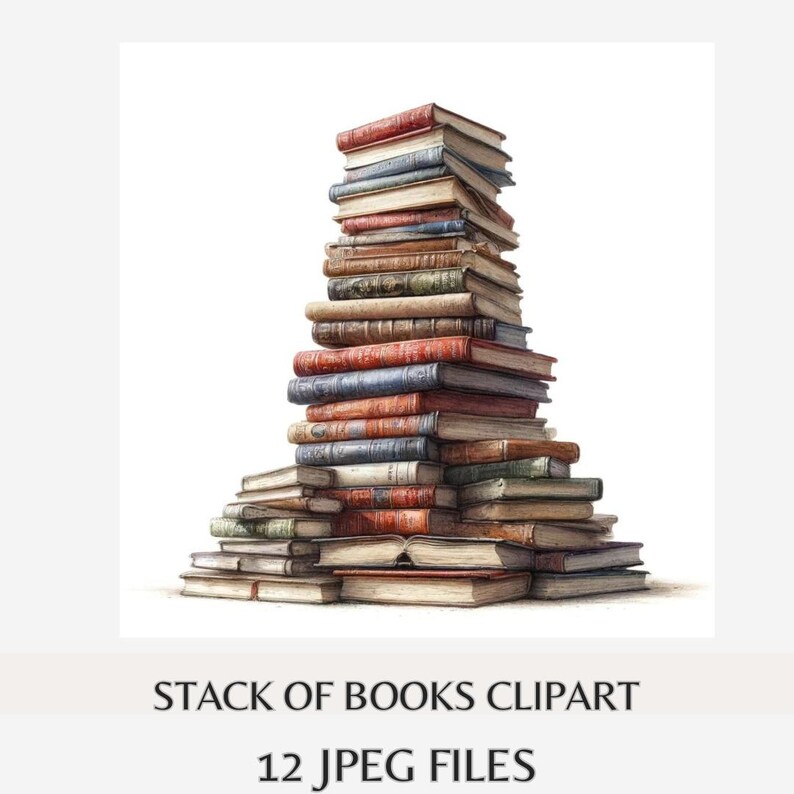 Vintage Stack of Books Clipart | 12 JPEG Files | Watercolor Book Stack ...