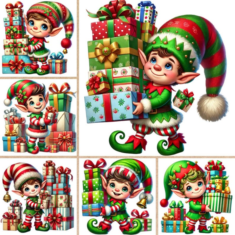 Christmas Elf With Gifts Clipart, 13 JPG Files, Santa's Helper Clip Art ...