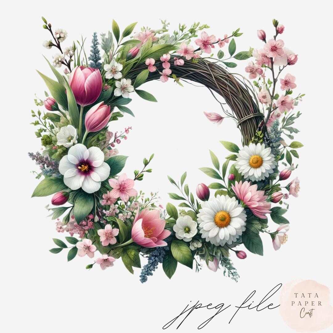 Spring Wreath of Flowers Clipart, 14 JPG Files, Floral Circle Frame ...
