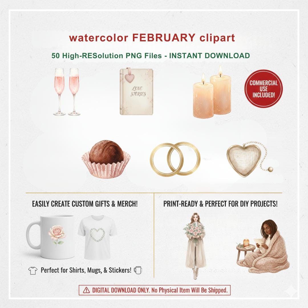 Watercolor February Clipart Bundle | 50 Cozy PNG Files | Valentine’s ...